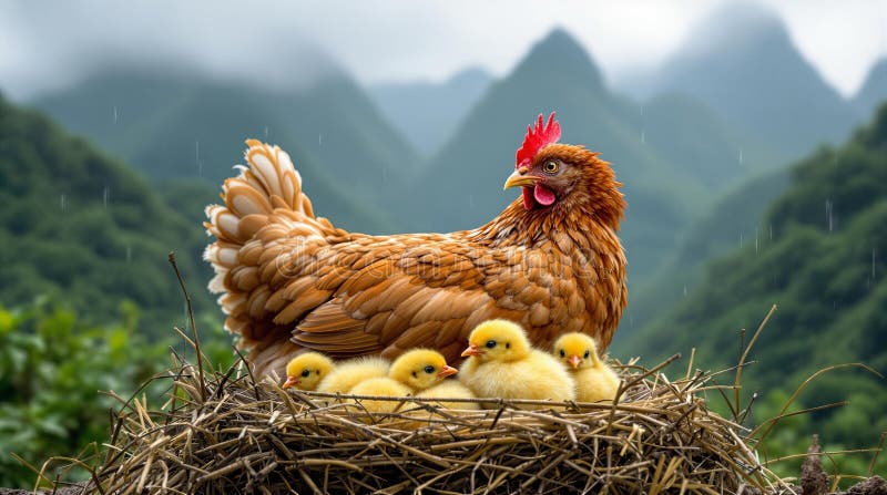 Hen and Chicks in Nest with Mountainous Backdrop Under Rainy Sky Stock ...