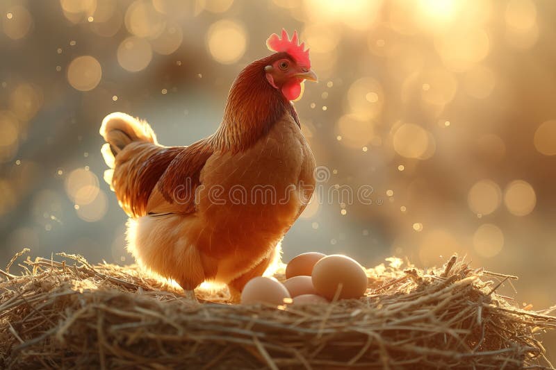 Hen with Eggs Basked in Sunrise Light Stock Image - Image of straw ...