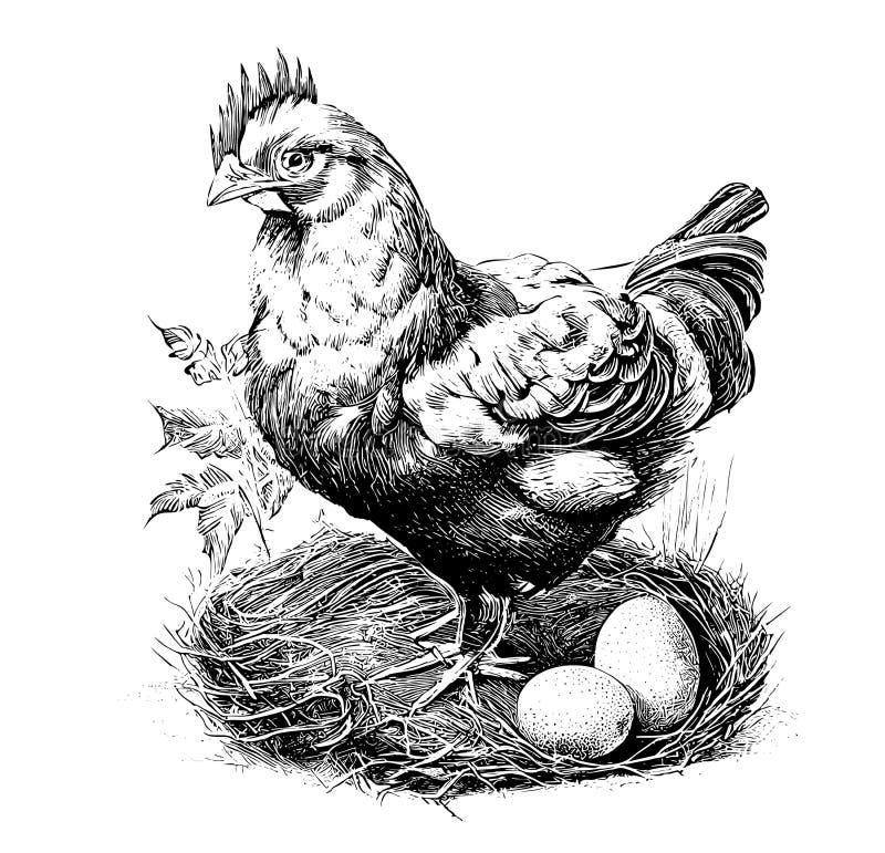 Hen with Eggs in the Nest Hand Drawn Sketch Illustration. Stock Vector ...