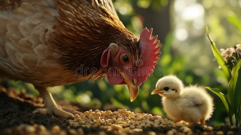 Hen Feeding Chick with Grain in a Garden Stock Image - Image of food, comb: 344076497