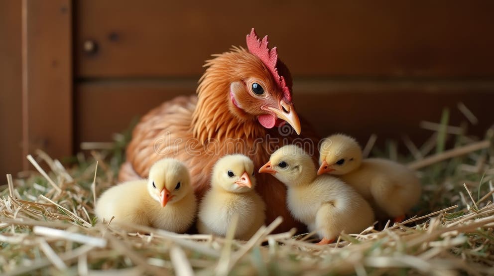 Hen with Four Chicks Nesting on Straw in Wooden Coop Stock Image ...