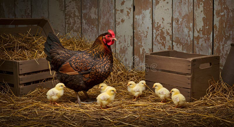 A Majestic Hen and Her Chicks in a Rustic Barn Setting: a Heartwarming ...