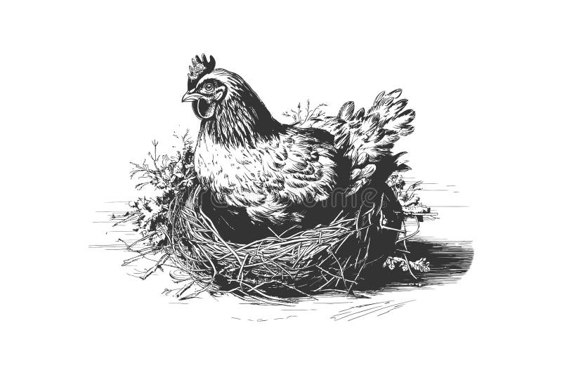 Hen Laying Eggs in the Nest Sketch Hand Drawn. Vector Illustration ...