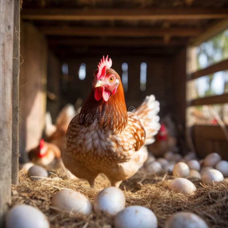 A Hen Lays Eggs at a Chicken Coop in a Group of Chickens at a Bio Farm ...