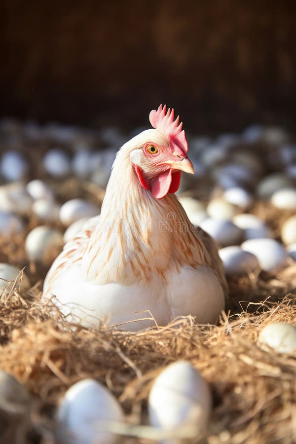 A Hen Lays Eggs at a Chicken Coop in a Group of Chickens at a Bio Farm ...