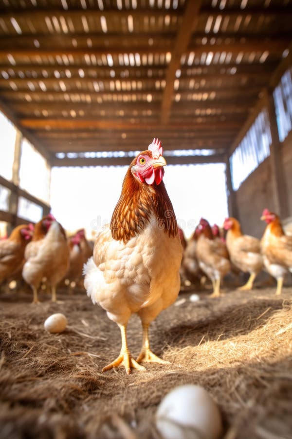 A Hen Lays Eggs at a Chicken Coop in a Group of Chickens at a Bio Farm ...