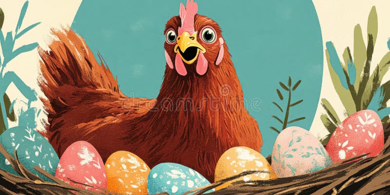 A Hen Looks Surprised at Her Nest of Dyed Eggs, Easter Eggs in a Hen S ...
