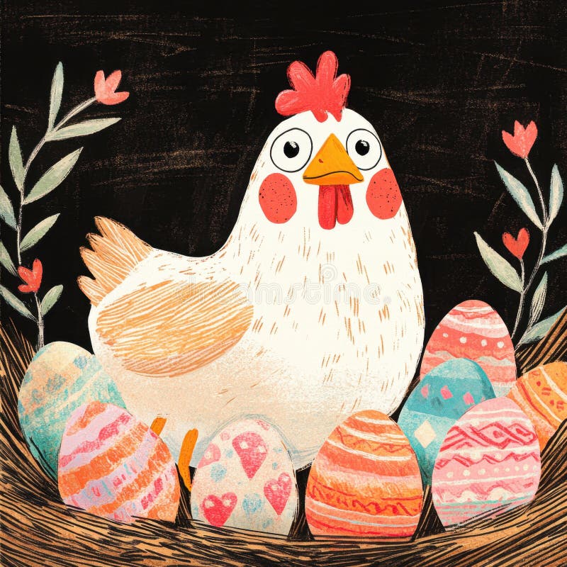 A Hen Looks Surprised at Her Nest of Dyed Eggs, Easter Eggs in a Hen S Nest. Retro Chicken ...