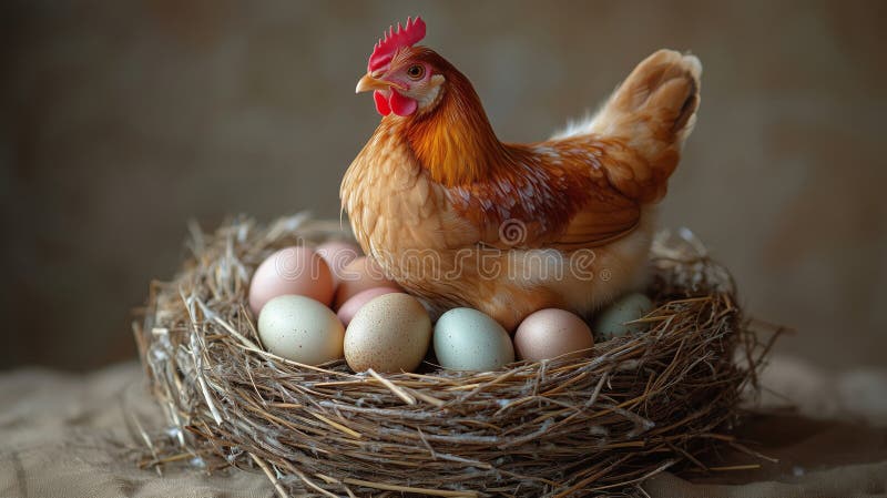 A Hen Nesting on Colorful Eggs in a Rustic Farm Environment Stock Photo ...