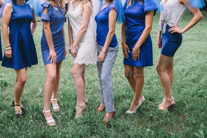 Hen Party on the Nature. Girls in Identical Dresses Posing Stock Photo ...