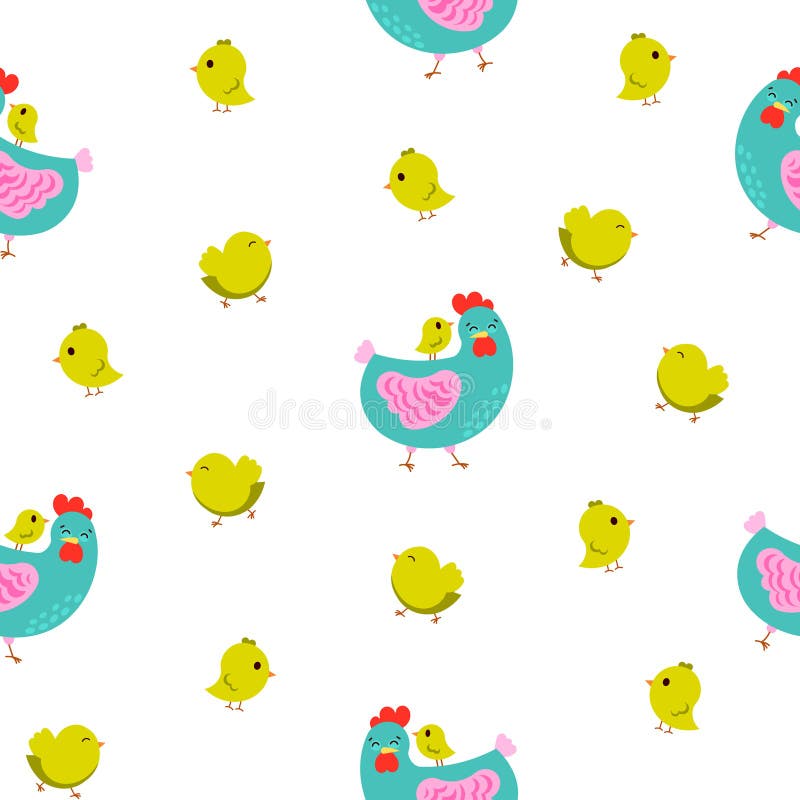 Hen Rooster and Chick. Seamless Pattern Stock Vector - Illustration of ...