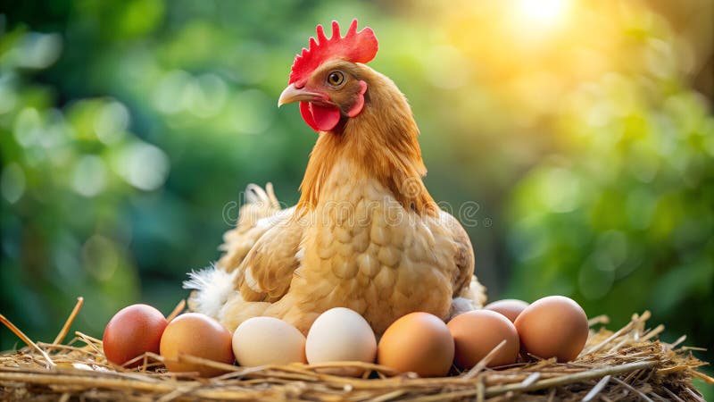 Hen Sitting on a Nest of Eggs in a Sunny Farm Setting Stock ...