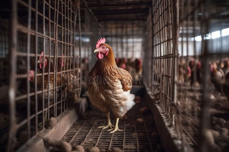 Hen Standing between Bars of a Cage in a Factory Setting. AI-generated ...