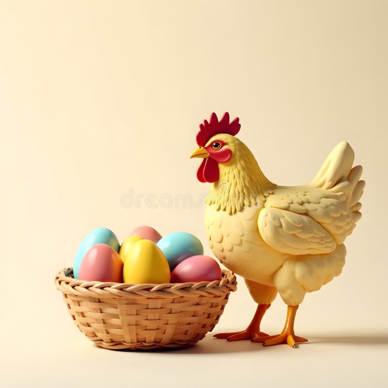 Hen Standing beside a Basket of Colorful Eggs. Stock Photo ...
