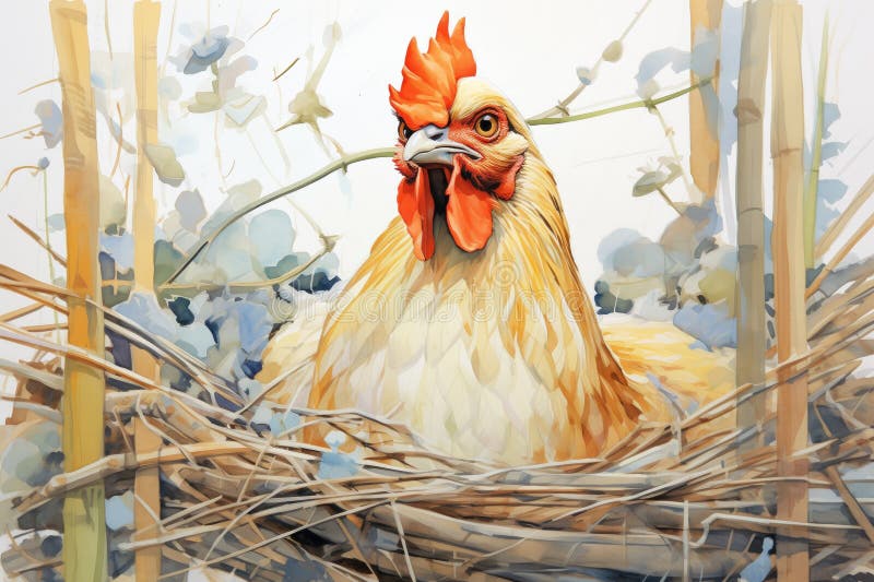Hen Watching Over Chicks in a Straw-filled Coop Stock Illustration ...
