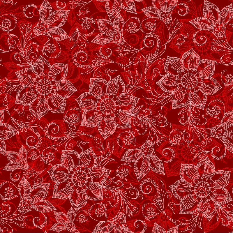 Henna Mehendi Tattoo Doodles Seamless Pattern on Red Background Stock ...