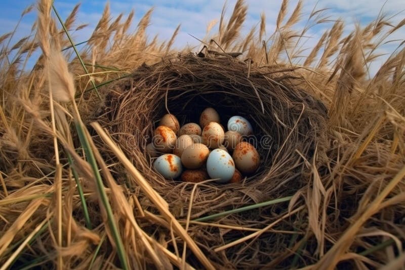 Hens-eye View of a Nest Full of Eggs in a Grassy Field Stock ...