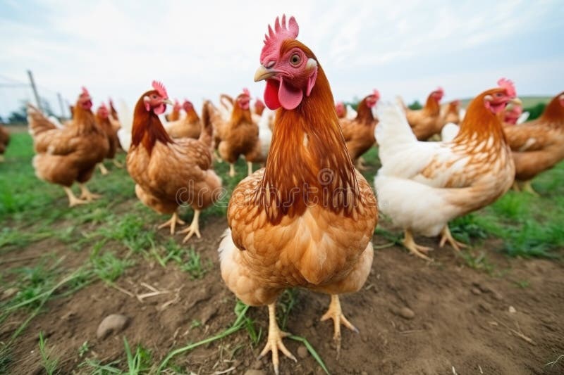 Hens Pecking at the Ground in Free-range Farming Stock Photo - Image of ...