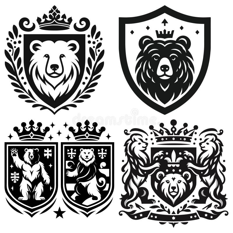 Heraldic Bear Coat of Arms and Lion Emblems, Black and White Vector ...