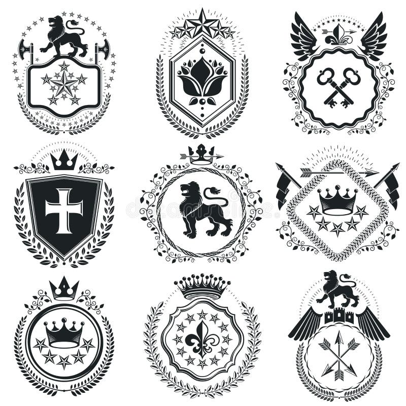 Heraldic Coat of Arms Decorative Emblems Isolated Vector Illustrations ...