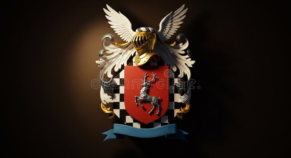 A Heraldic Coat of Arms Featuring a Central Red Shield with a Silver ...