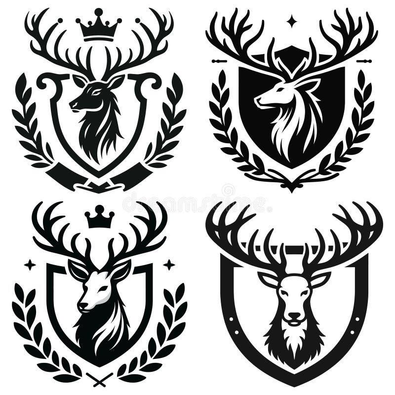 Heraldic Deer Crests, Black and White, Vector Illustration, Ideal for ...