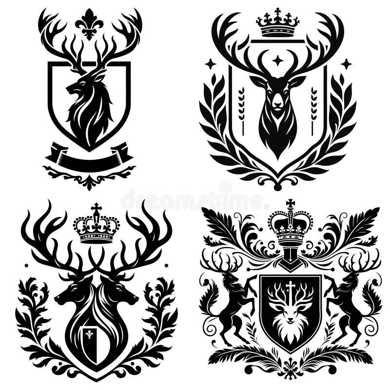 Heraldic Deer Emblems Vector Illustration, Black and White, Perfect for ...