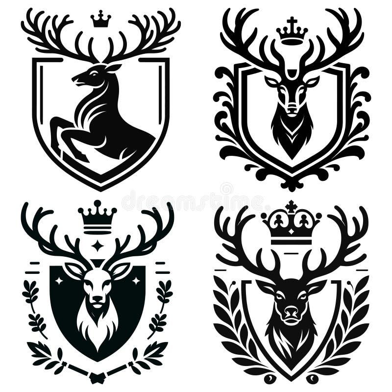 Heraldic Deer Emblems in Black and White Vector Illustration, Perfect ...