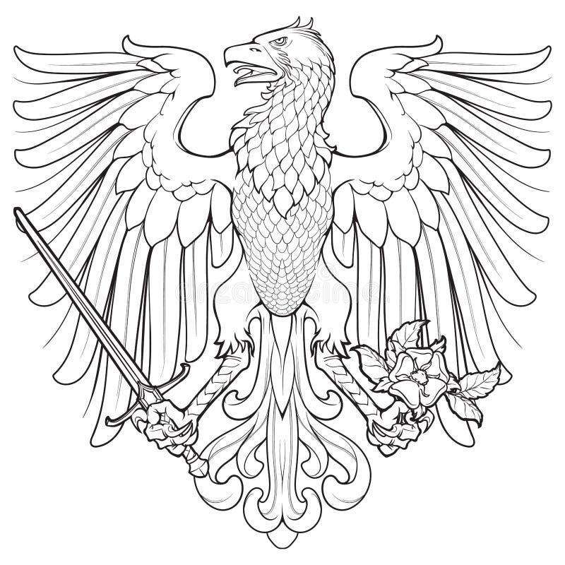 Heraldic Eagle Front View, Wings Spread BW Stock Vector - Illustration ...