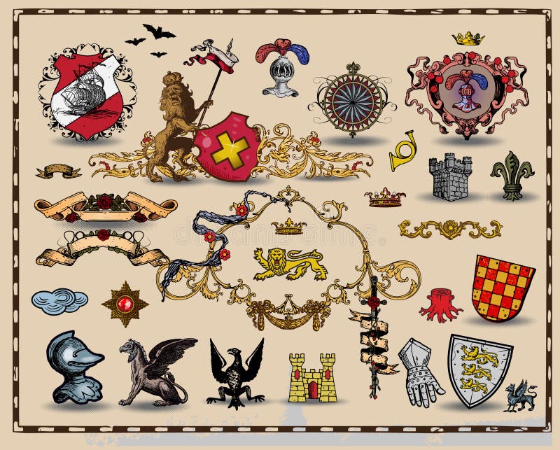 Heraldic Design Elements Set Stock Vector - Illustration of lock, coat ...