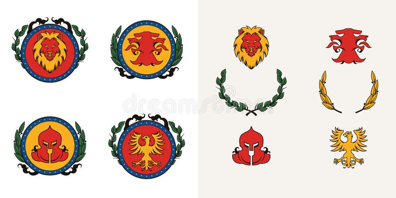 Heraldic Emblem Icons in Hand Drawn Design Stock Illustration ...