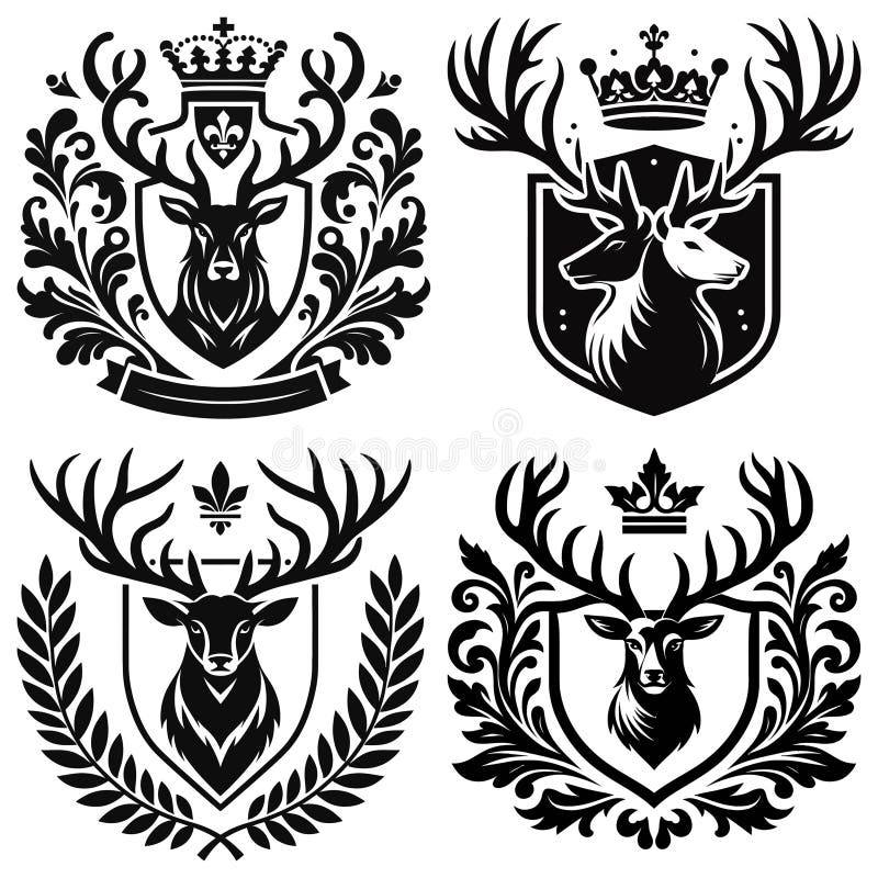 Heraldic Emblems with Deer Head, Black and White Vector Illustration ...