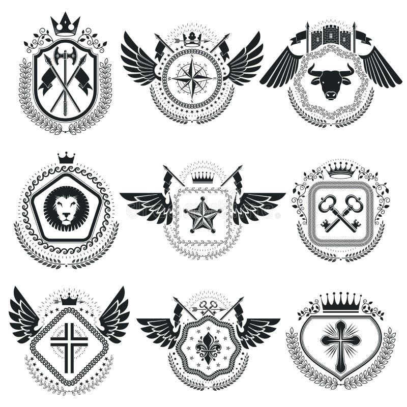 Heraldic Emblems Isolated Vector Illustrations. Collection of Symbols ...