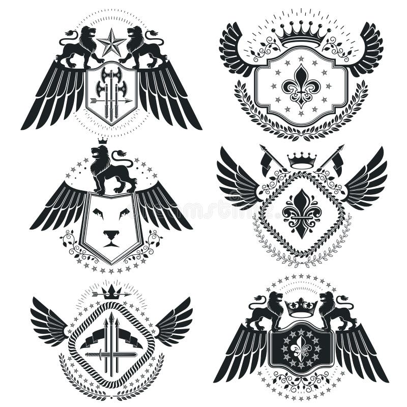 Heraldic Emblems Isolated Vector Illustrations. Collection of Symbols ...