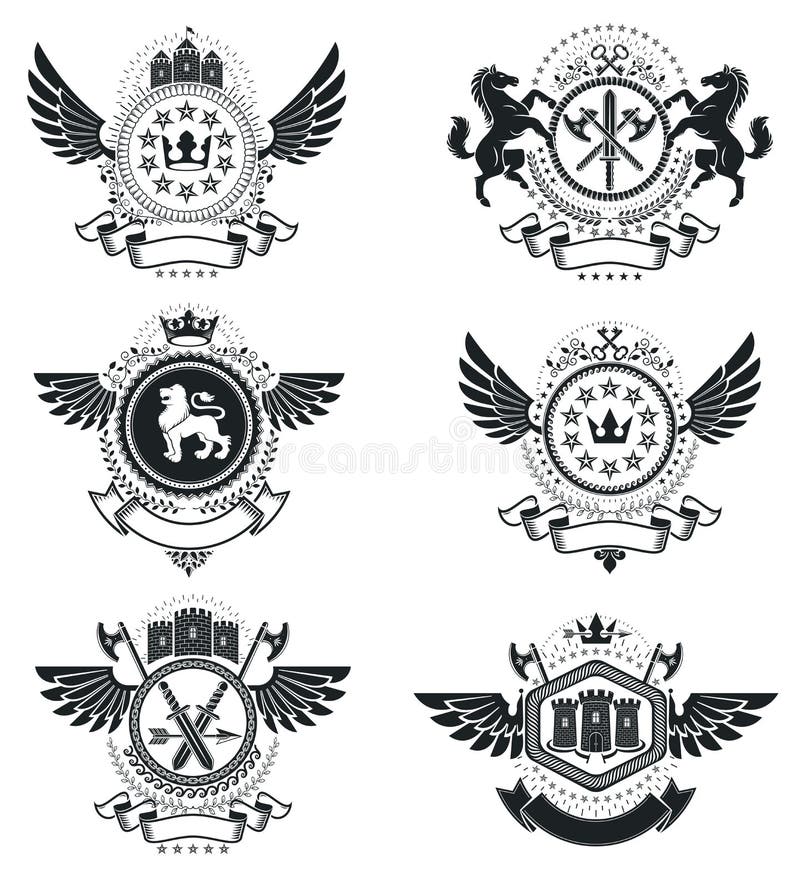 Heraldic Emblems Isolated Vector Illustrations. Collection of Symbols ...