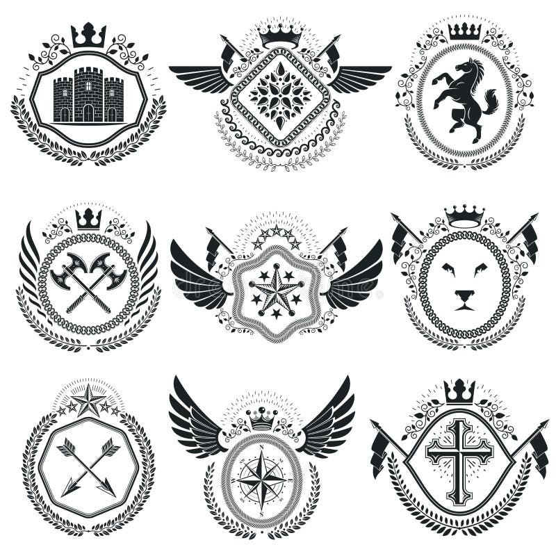 Heraldic Emblems Isolated Vector Illustrations. Collection of Symbols ...