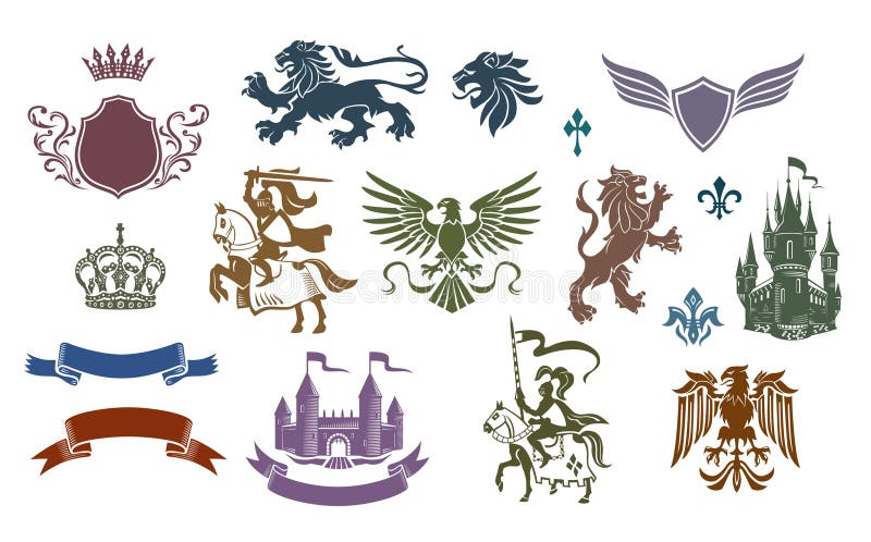 Heraldic Medieval Emblems Set Stock Vector - Illustration of insignia ...