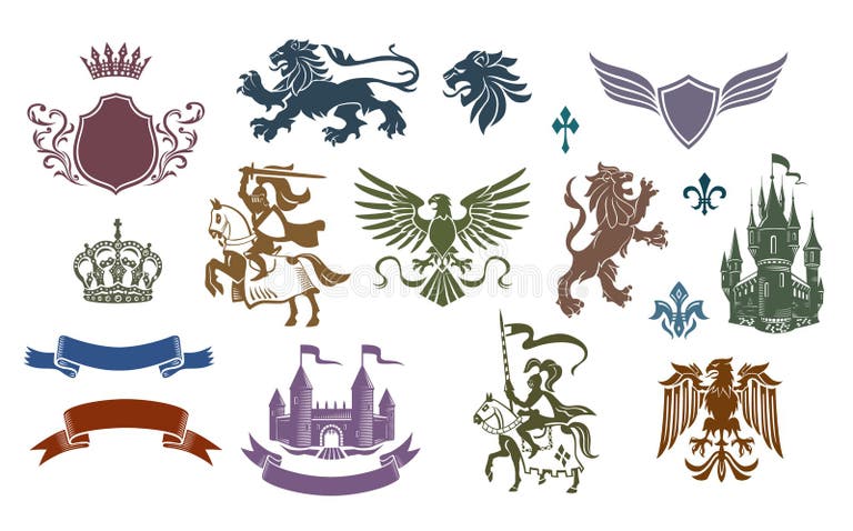 Heraldic Medieval Emblems Set Stock Vector - Illustration of sketch ...