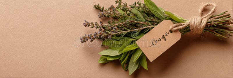 Herb Bundle with Label Tag Arranged on a Beige Backdrop Showcasing ...