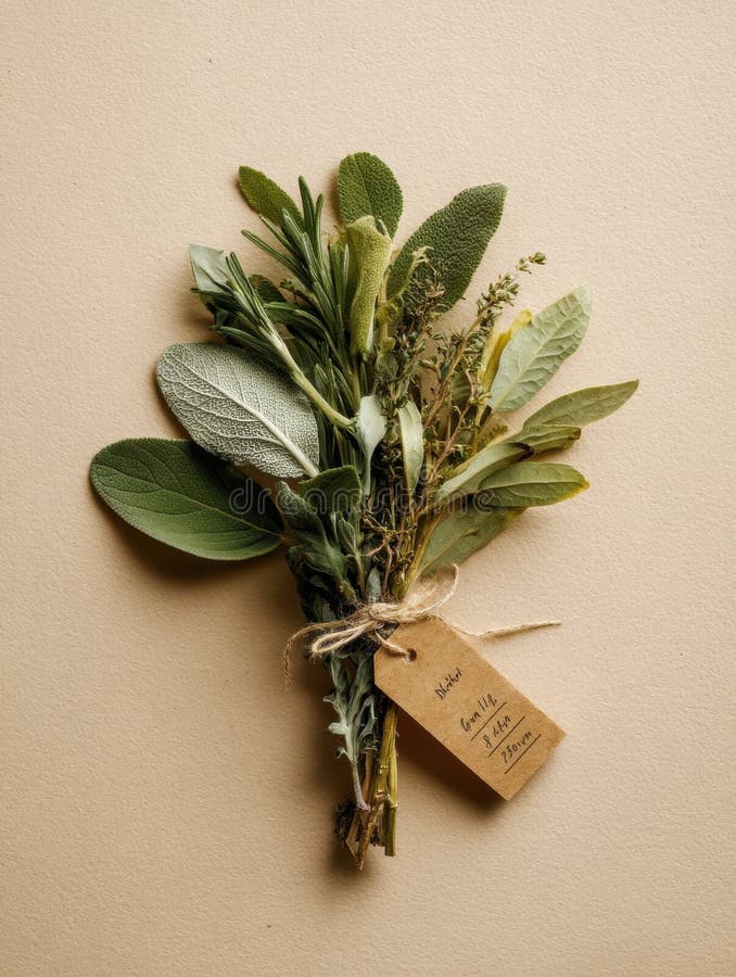 Herb Bundle with Label Tag on Beige Background Showcasing Fresh Culinary Herbs and Natural ...
