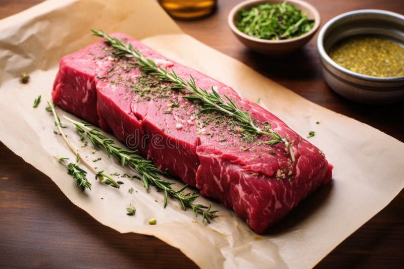Herb Covered Raw Steak Set on a Butcher Paper Stock Image - Image of ...