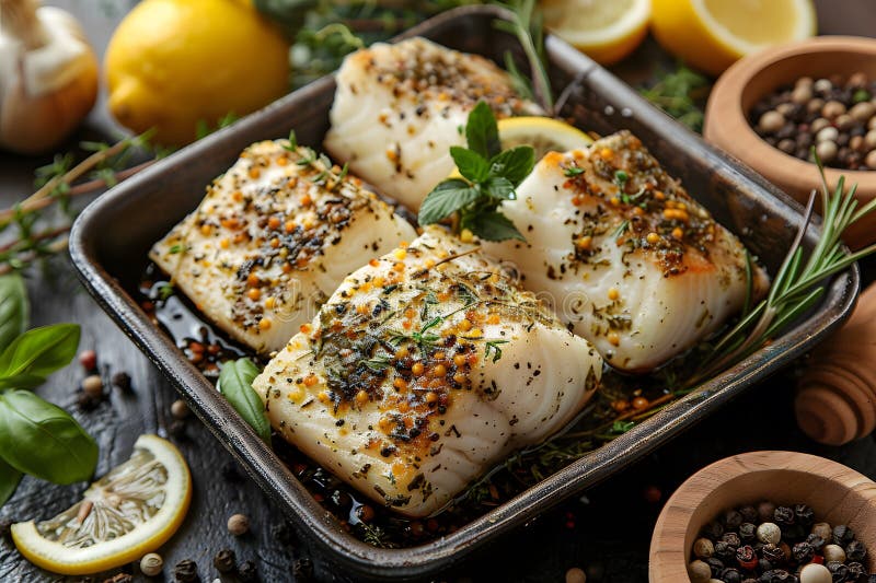 Herb-Crusted Baked Cod with Lemon and Pepper in Rustic Kitchen Setting ...