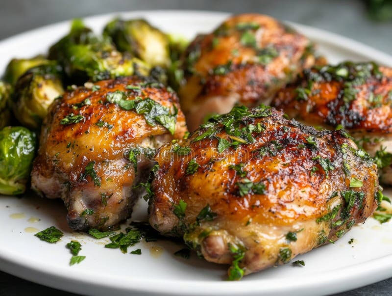 Herb-Crusted Chicken Thighs with Roasted Brussel Sprouts Stock ...