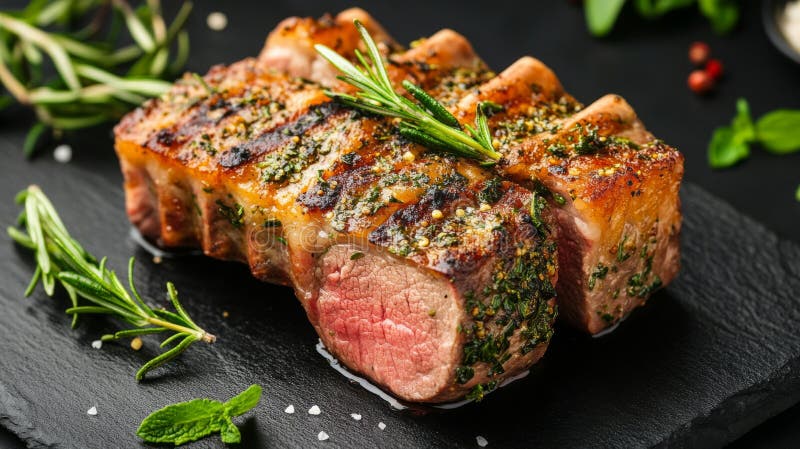 Herb-crusted Lamb Rack Presented on Elegant Slate Platter Stock ...