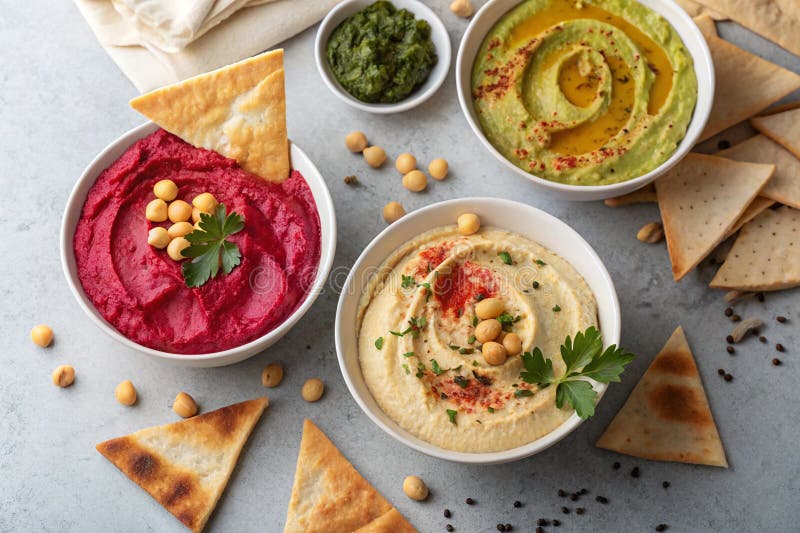 Herb Hummus, Beet Hummus, Spread. Assorted Mezze and Dips with Crispy ...