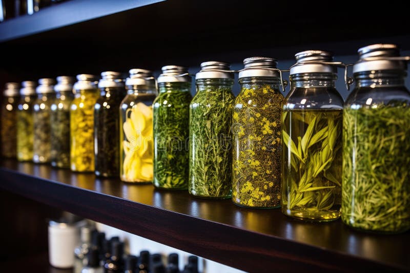 Herb Infused Oils Lined on a Lighted Shelf Stock Image - Image of food ...