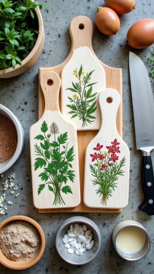 Herb Patterns on Wooden Cutting Boards in Kitchen Setting Stock Photo ...