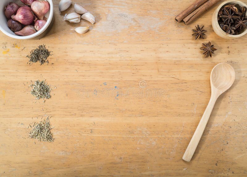 Herb and Spicy Ingredient for Prepare Food on Wooden Table Stock Image ...
