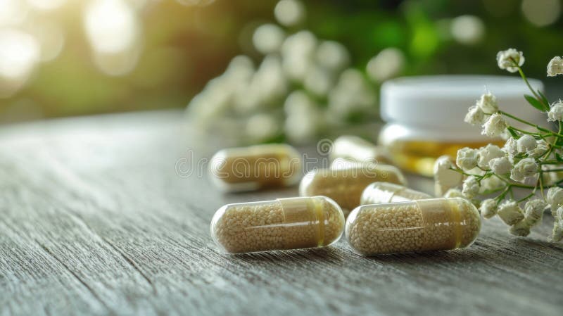 Herbal Capsules on Wooden Surface with Natural Background Light Stock ...