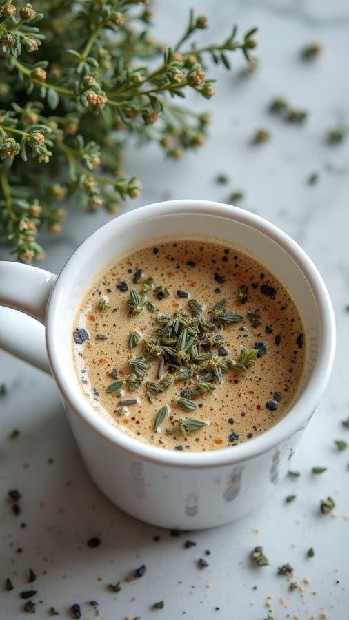 Herbal Coffee with Fresh Thyme on Marble Surface Stock Photo - Image of ...